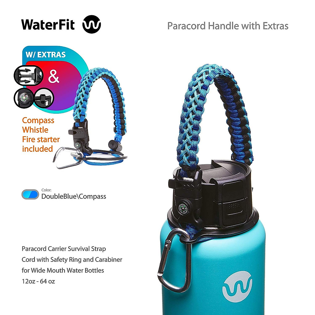 WaterFit Paracord Handle - Paracord Carrier Survival Strap Cord with Safety Ring and Carabiner Compatible with Hydro Flask Wide Mouth Water Bottles 12oz - 64 oz