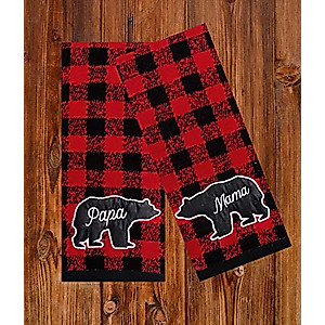 St Nick Holiday Buffalo Plaid Hand Towels Farmhouse Bear Mama Papa Rustic