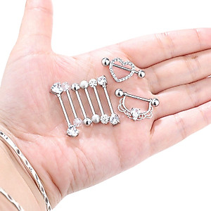 FINREZIO 8 Pairs 14G Nipple Rings 316L Surgical Steel Heart CZ Tongue Barbell Body Piercing Shield Ring Set 5/8 Inches(Silver tone)