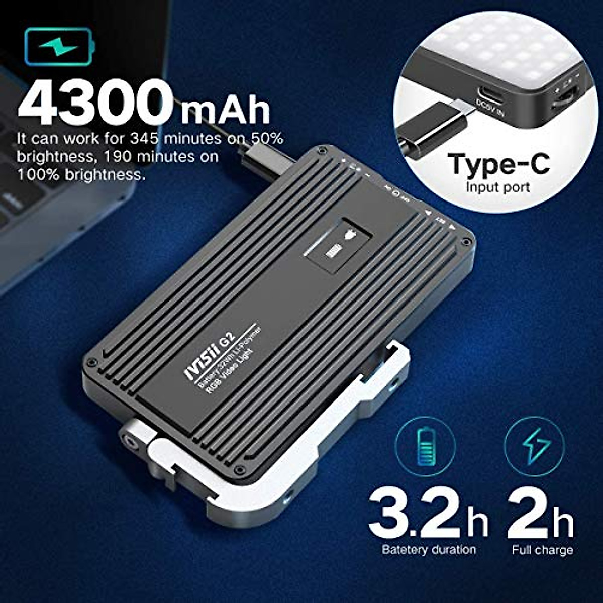 IVISII G2 RGB Portable On Camera Light, Built-in 4300mAh Lithium Battery Video Conference Lighting, 2600-10000K 12W Full Color LED Light Panel for Photography, Studio, Wedding Shooting