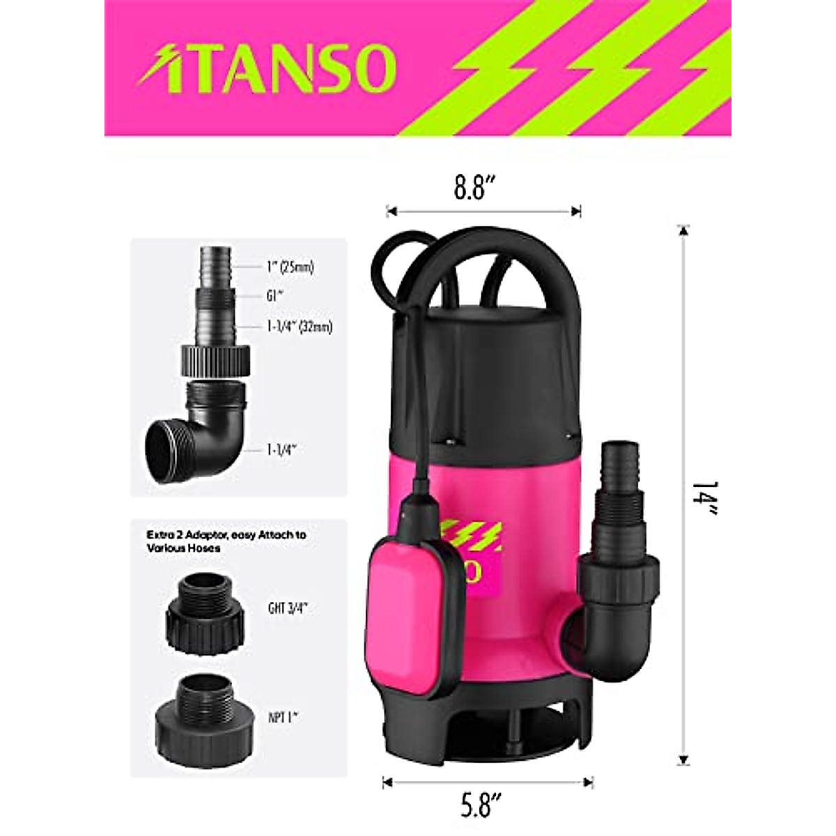 iTANSO Submersible Sump Pump, 1.5HP 3960GPH , for Swimming Pool, Garden Tub, Pond, Flood Drain, Irrigation in Clean or Dirty Water, with Float Switch and 16ft Cable