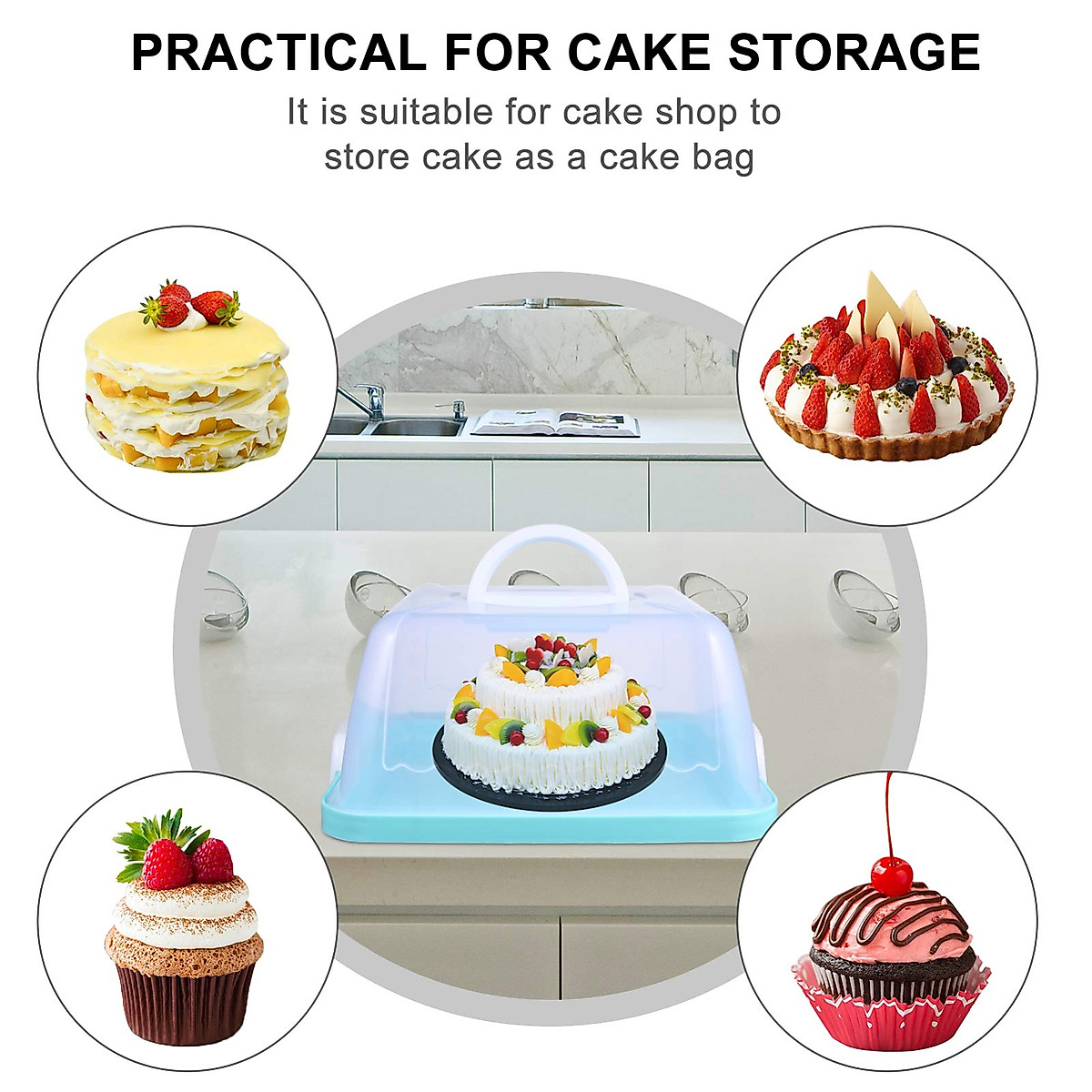 ABOOFAN Cake Carrier Square Cake Server with Lid and Handle Portable Loaf Cake Container Food Storage Keeper Dome for Birthday Wedding Cake Holder Blue