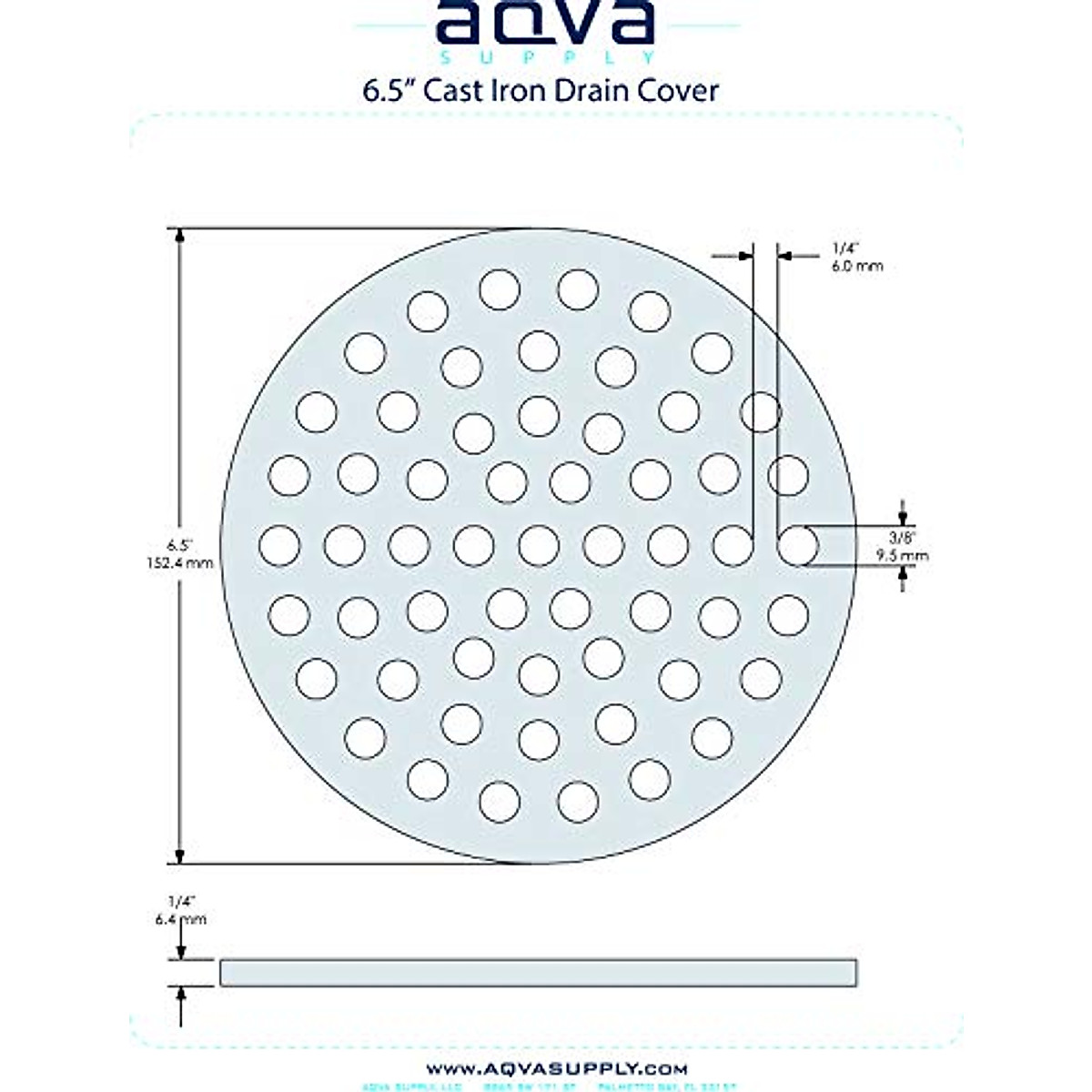 Aqva Cast Iron 6.5" Drain Cover - Round Replacement Floor Drain Strainer 6.5"
