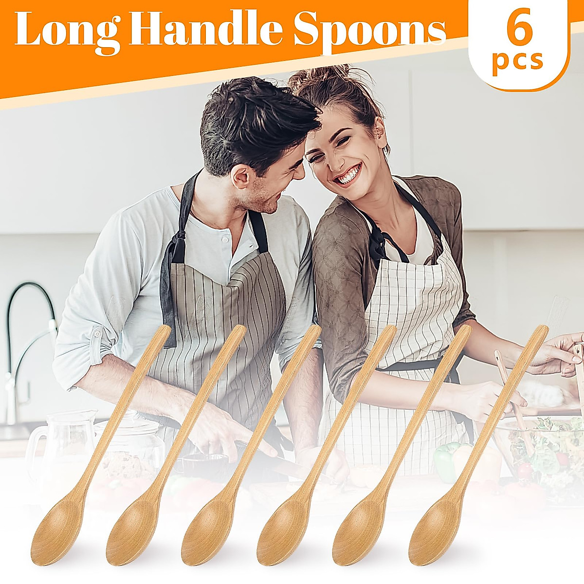 HAKSEN Wooden Spoons, 6PCS 9 Inch Wood Soup Spoons for Eating Mixing Stirring, Long Handle Spoon for Japanese Style Home Kitchen Cooking Stirring