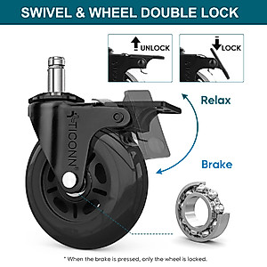 TICONN Office Chair Caster Wheels Set of with Brake 5 for Tile, Hardwood Floors and Carpets, Universal Fit for Most Chairs (Black with Brake)