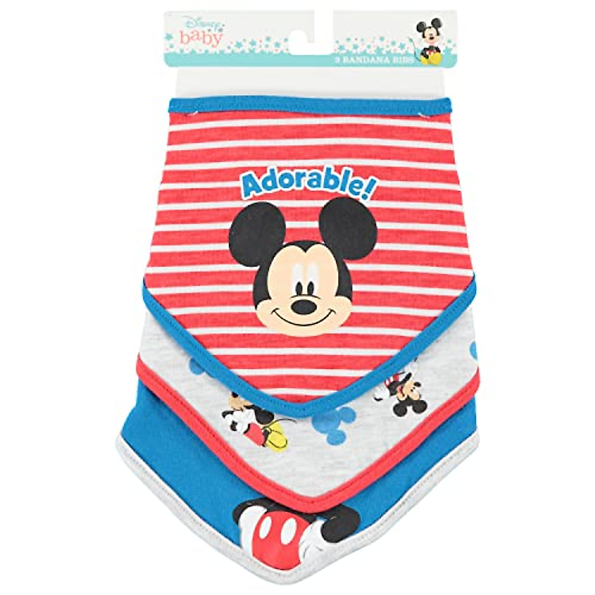 Disney Baby Unisex Mickey Mouse Bandana Bib 3-Pack - Mickey Mouse Baby Bibs (Blue/Red/Grey, 0-12M)