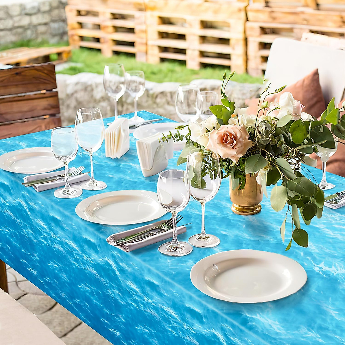 3 Pieces Ocean Waves Tablecloth 54 x 108 Inch Water Print Plastic Table Cover Ocean Party Table Cloths for Beach Pool Birthday Under The Sea Party Decorations Supplies