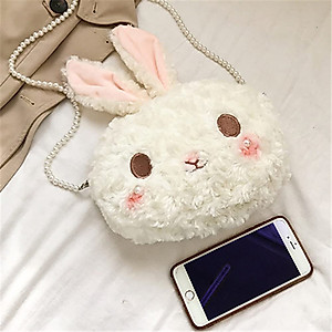 JIANEEXSQ Cute Bunny Crossbody Bag Kawaii Fluffy Plush Rabbit Animal Purse Lovely Lolita Girl Handbag Kids Teenagers Wallets (Pearl Chain), White