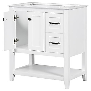 Lunanniu 30" Bathroom Vanity Without Sink, Freestanding Bathroom Vanity Cabinet No Sink 2 Soft Closing Door, Lower Open Shelf 1 Drawer with 2 Tiers Black Drawer Handle Modern Design White