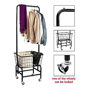 ALIMORDEN Laundry Cart with Clothes Rack, Rolling Laundry Butler with Wire Storage Rack，Black