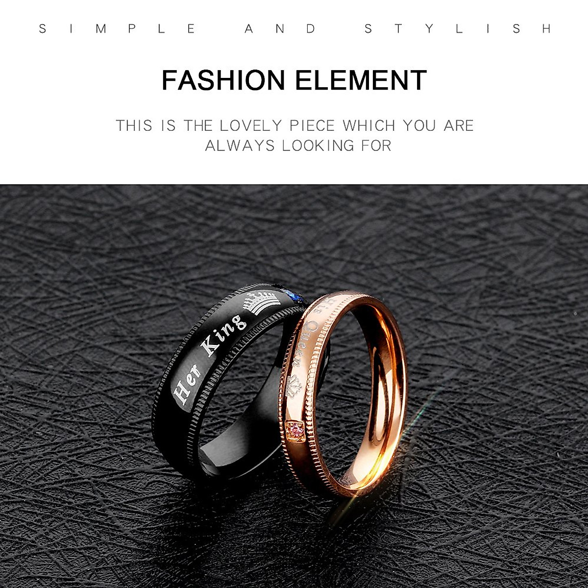 Couples Her King and His Queen Enagagement Bridal Ring Set 2PCS, Black Rose Gold Color (His 12 Her 11)