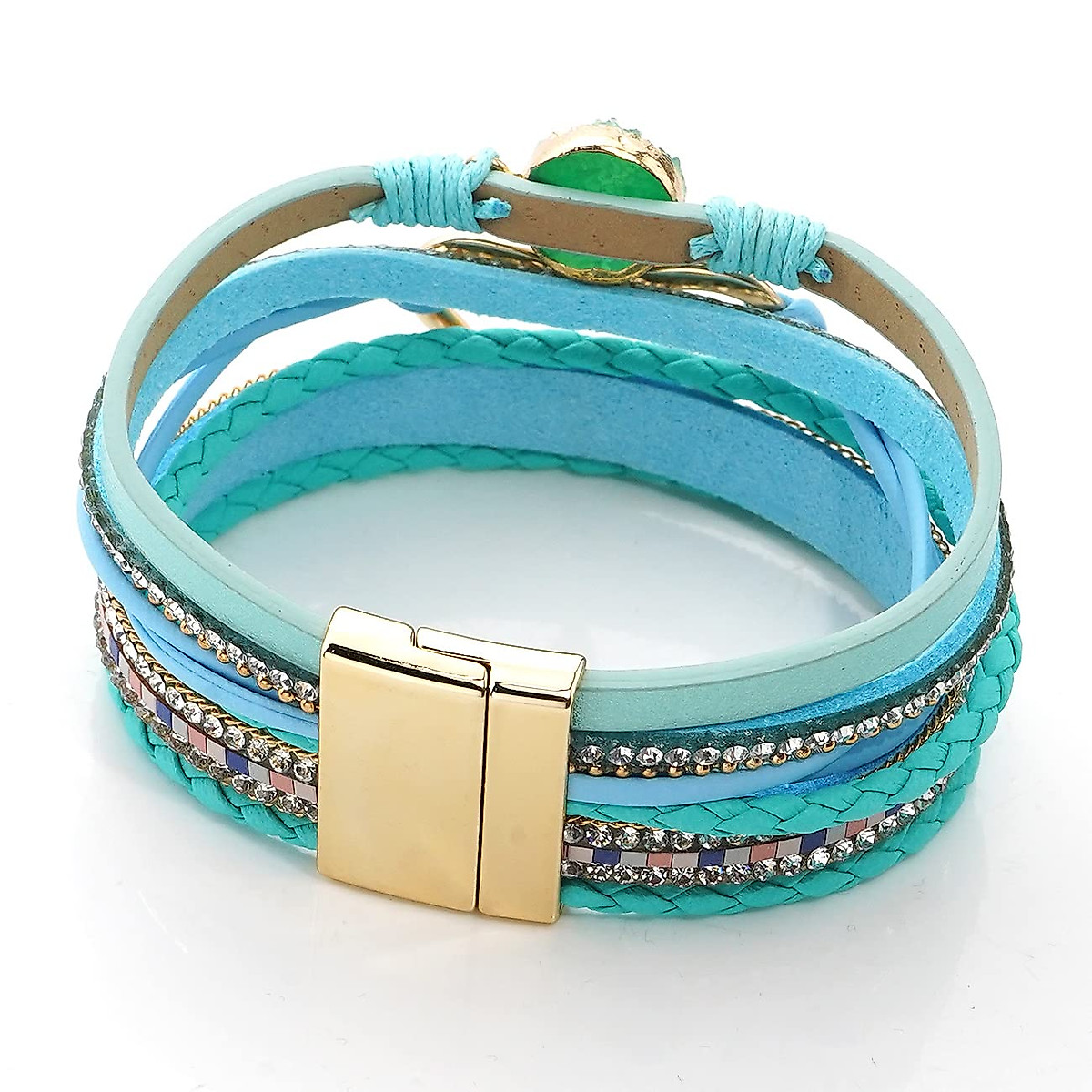 Suyi Multilayer Leather Wrap Bracelet Wide Cuff Bracelets for Women Heart-shape Light Blue