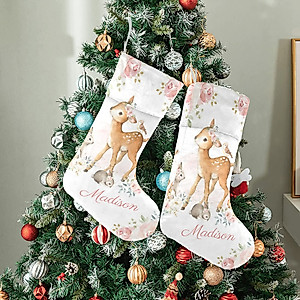 Yeshop Deer Bunny Floral Pink Woodland Personalized Christmas Stockings with Name 1 Pc for Adult Kids Baby Pets, Custom Large Family Stockings for Girl Boy Christmas Xmas Holiday Decorations Gifts