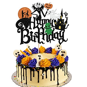 Rsstarxi 1 Pack Happy Birthday Halloween Cake Topper Halloween Party Cake Decoration Jack and Sally Ghost Bat Cake Pick for Nightmare Before Christmas Birthday Decorations Baby Shower Party Decors