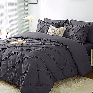 JOLLYVOGUE Bed in a Bag 7-Pieces, Dark Grey Queen/Full Comforter Set for All Season, Pintuck Bedding Sets with 1 Comforter, 1 Flat Sheet, 1 Fitted Sheet, 2 Pillowcases & 2 PillowShams