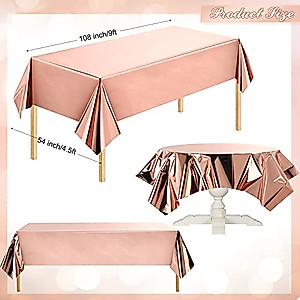 12 Pack Rose Gold Foil Tablecloth Party Rectangular Metallic Table Covers 54 x 108 Inch Shiny Plastic Table Cloths Waterproof Holographic for Christmas Birthday Wedding Anniversary Party Supplies