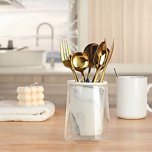 Silverware Caddy, Marble Style Utensil Caddy, Silverware Holder, 3.38″ Utensil Crock with Ceramic Filter Water Utensil Holder and Glass Water Storage Container, Cutlery Caddy, ANTIS'S HOME