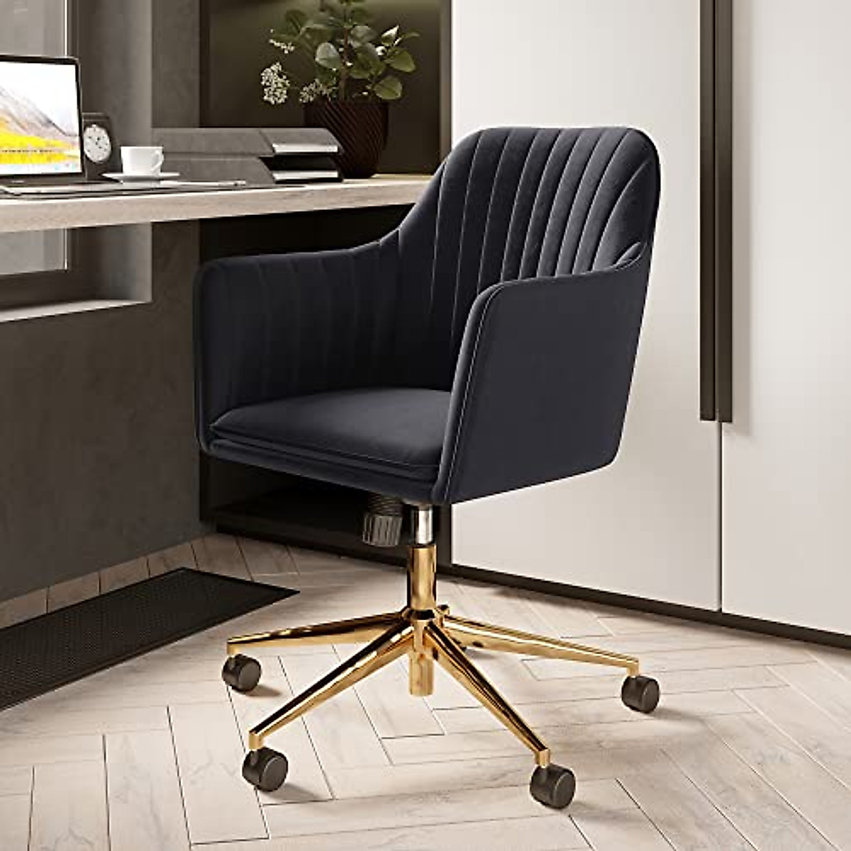 BELLEZE Modern Upholstered Velvet Desk Chair with Swivel Wheels and Adjustable Height, Decorative Rolling Office or Vanity Armchair, Stylish Comfy - Alayah (Black - Gold)