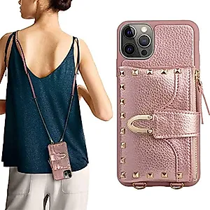 ZVE iPhone 12 and iPhone 12 Pro Wallet Case,iPhone 12 Pro/iPhone 12 Case with Zipper Card Slot Holder Crossbody Shoulder Chain Leather Handbag Purse for Apple iPhone 12 Pro/iPhone 12 6.1" - Rose Gold