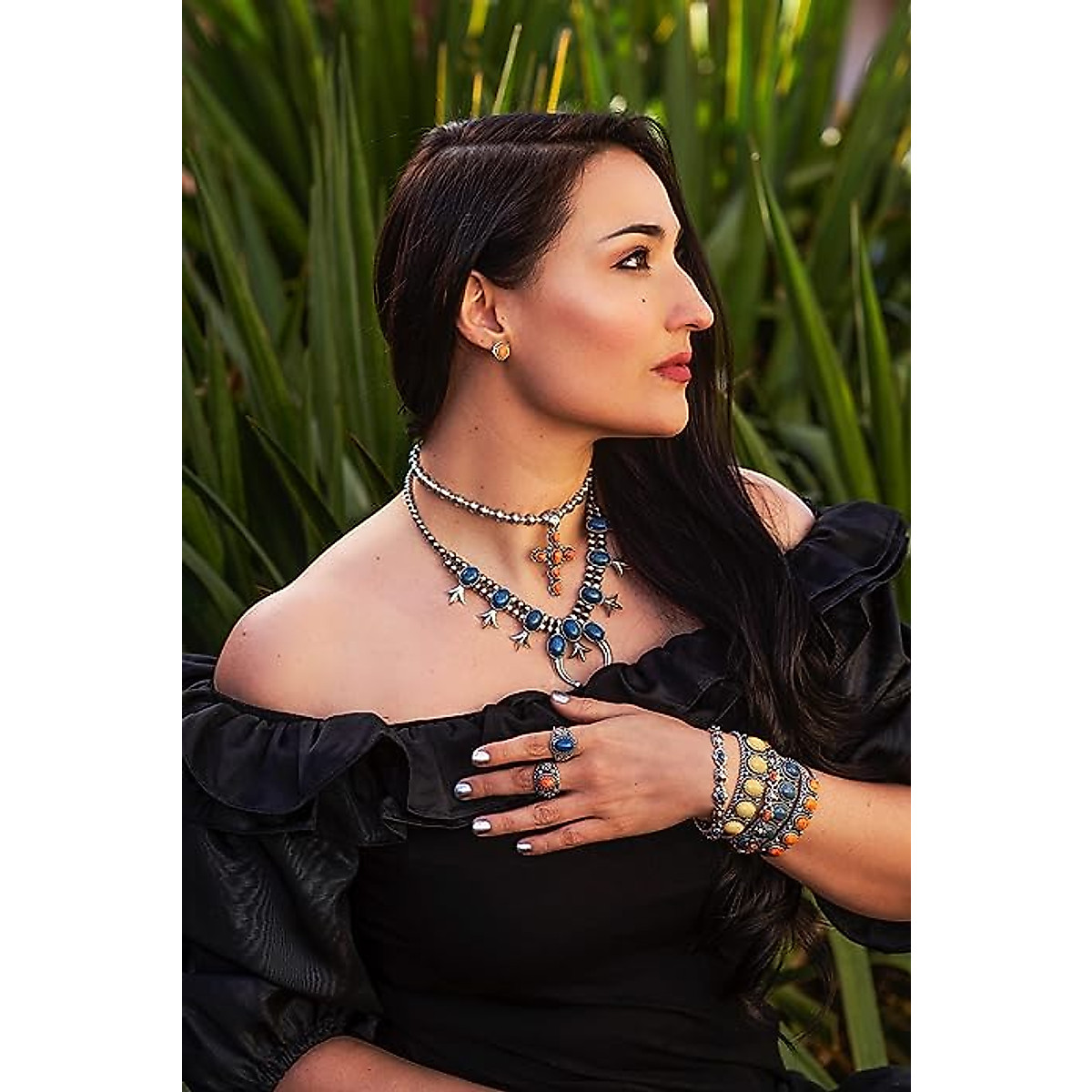 American West Jewelry Sterling Silver Women's Cuff Bracelet Yellow Jasper Gemstone 5-Stone Design Size Large