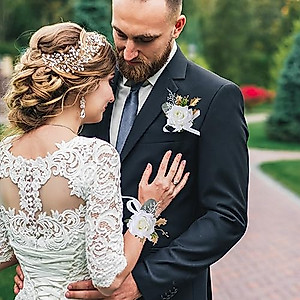 Spirit Up Art 2Pcs Ivory White Rose Wrist Corsage and Boutonnieres Set Groom Groomsman Corsages Bridal Girls Artificial Wristlet Flower for Wedding Ceremony Anniversary Formal Dinner Party Prom Decor