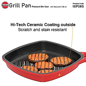 Hawkins 26 cm Grill Pan, Non Stick Die Cast Grilling Pan with Glass Lid, Square Grill Pan for Gas Stove, Ceramic Coated Pan, Roast Pan, Red (IGP26G)