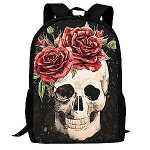 FREE LION Kids Skull Backpack for Boys Girls Gothic Skull and Red Rose Bookbags Elementary Middle High School Bag Large Capacity 17 inch Big Student Backpack for School & Travel
