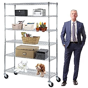 6 Tier Wire Shelving Rack,Steel Shelf 48" W x 18" D x 82" H Adjustable Storage System with Casters/Wheels and Feet Levelers,Garage Shelving Unit, Storage Shelving Rack,Kitchen/Office Rack (Chrome)
