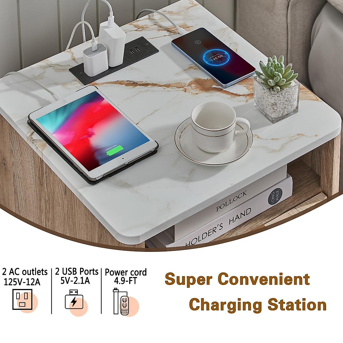 Nightstand with Charging Station, 18" Bedside Table with Faux Marble Top, 2 Drawers Night Stand Fluted Curved Wood End Table for Bedroom, Living Room, Modern Rustic Storage Cabinet, Natural Oak