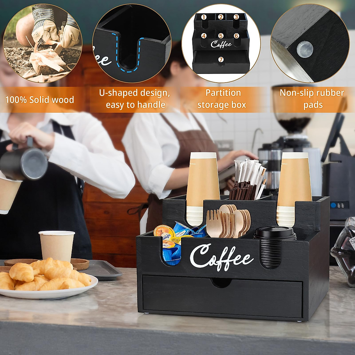 Disposable Coffee Cup Holder Dispenser with Drawer, 6 Compartments Coffee Bar Accessories Organizer for Cup Lid Sleeve Pods Syrup, Wood Coffee Station Organizer Paper Cup Dispenser
