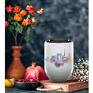 Paris France Gifts and Souvenirs - 12 Oz Insulated Wine Tumbler with Lid - Paris College Graduation Gifts - Unique Drinkware - Europe Long Distance Gifts for Her & Homesick Student Gifts