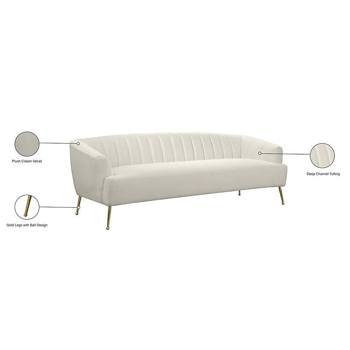 Meridian Furniture Tori Collection Modern | Contemporary Velvet Upholstered Sofa with Deep Channel Tufting and Ball Designed Custom Gold Legs, 84.50" W x 31.5" D x 29.75" H, Cream