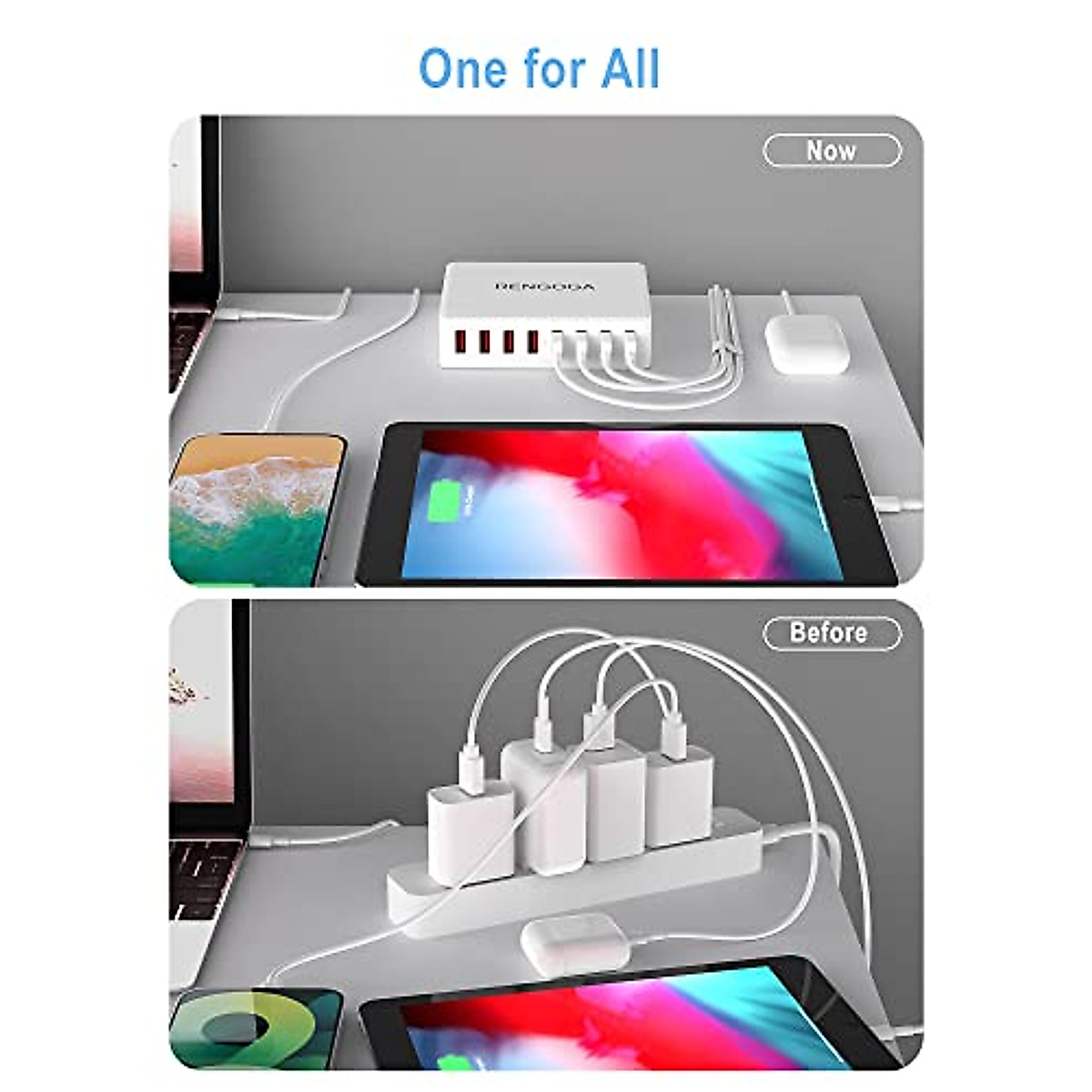 USB Charging Station, RENGOGA 50W/10A USB Charger 8-Ports USB Charging Hub, Multi USB Charger Block for Multilple Devices, iPhone 13 12 11 Pro Max,iPad Air, Samsung Galaxy S21 S20, Tablet-White