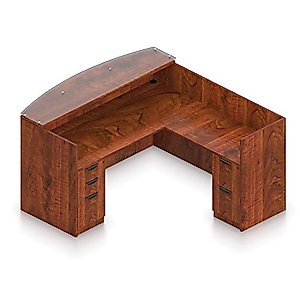 Offices To Go L Shaped Reception Desk with Glass Transaction Counter and 2 Sets of DrawersW/Drawers in (American Dark Cherry)
