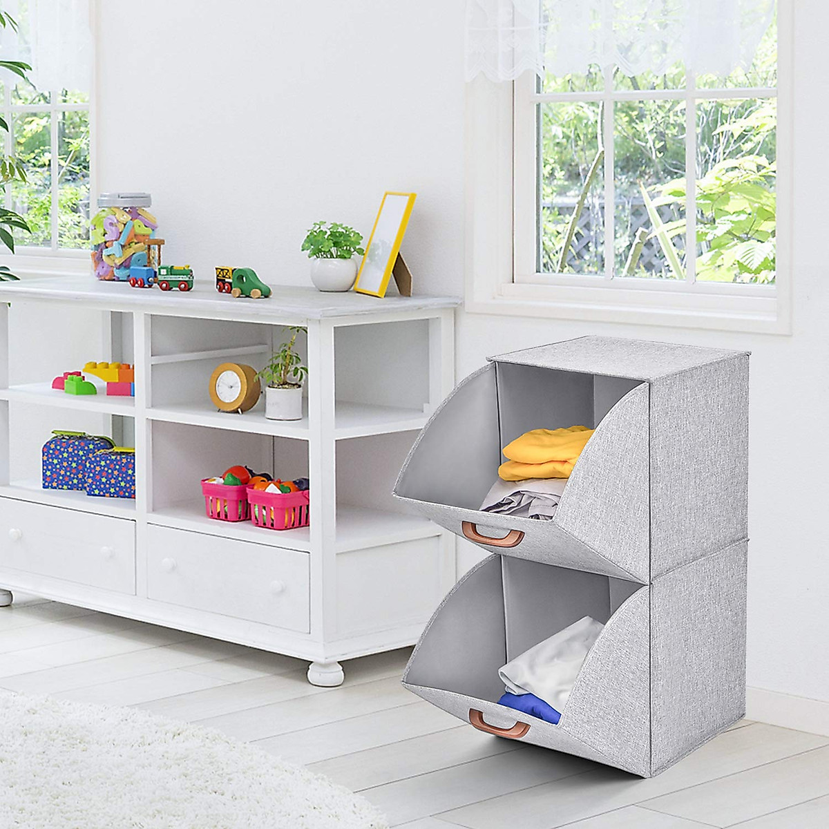 MaidMAX 2 Tiers Collapsible Storage Organizer, Fabric Cube Bins, Pull-Down Doors with 2 Wooden Handles for Closet, Home, Office, Free Standing, Grey