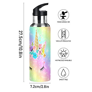 Unicorn Insulated Water Bottles Kids Rainbow Thermos with Straw Lid & Handle Reusable Vacuum Stainless Steel 20 oz