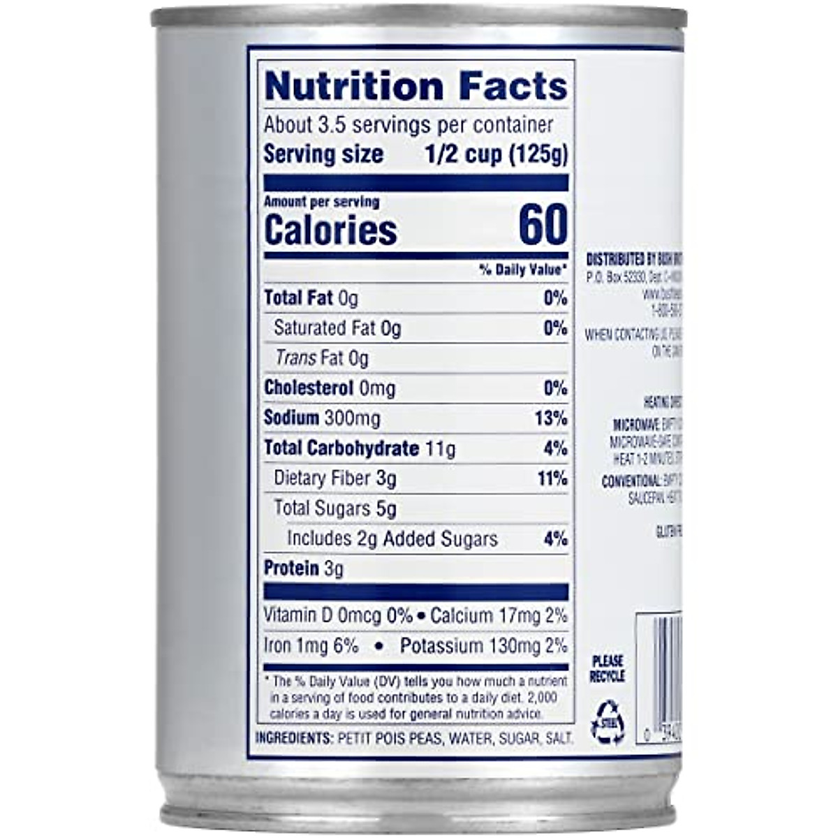 BUSH'S BEST 15 oz Canned Dubon Petit Pois Green Peas, Source of Plant Based Protein and Fiber, Vegetarian, Low Fat & Gluten Free, (Pack of 12)