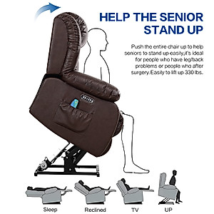 MAEVIS Large Lay Flat Sleeping Genuine Leather Power Lift Recliner Chairs for Elderly with Heat and Massage, with Dual OKIN Motor,Overstuffed Wide Recliners for Living Room,USB Ports (Brown)