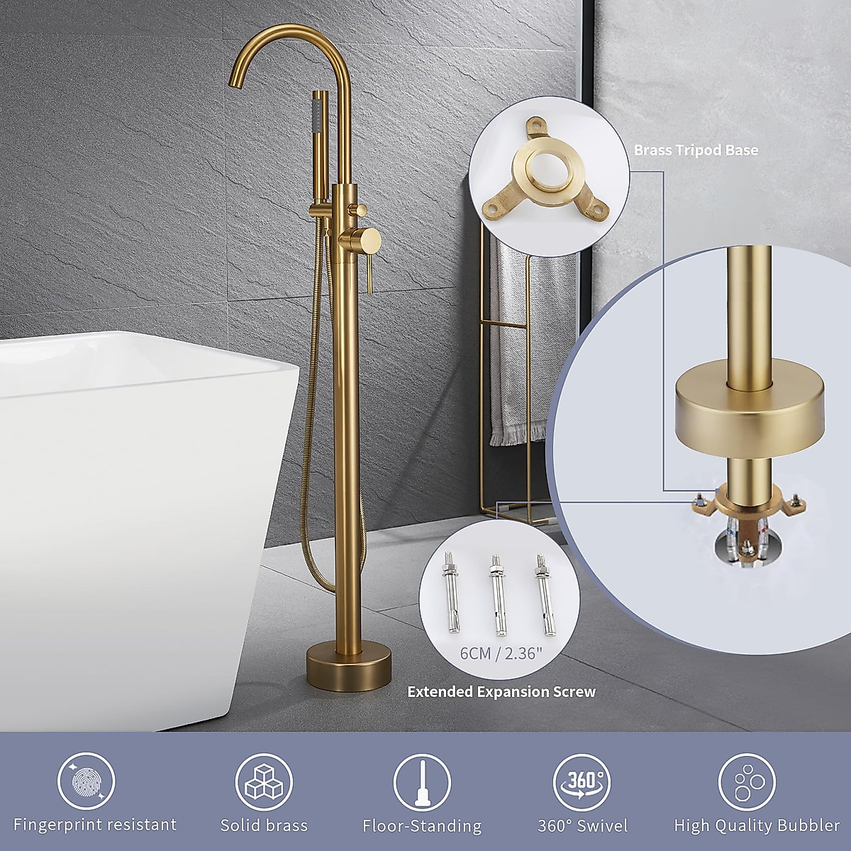 TapLong Brushed Gold Floor Mounted Tub Filler Shower Faucet Freestanding Bathtub Faucet with Hand shower High Flow Rate Max 6 GPM-51015BG