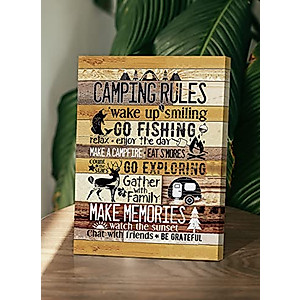 Camping Rules Make Memories Wood Grain Pattern Wall Art Prints Artwork Decor for Camper Themed Canvas Wall Art Prints,RV Outdoor Living Room Home Decorations,11"x14"