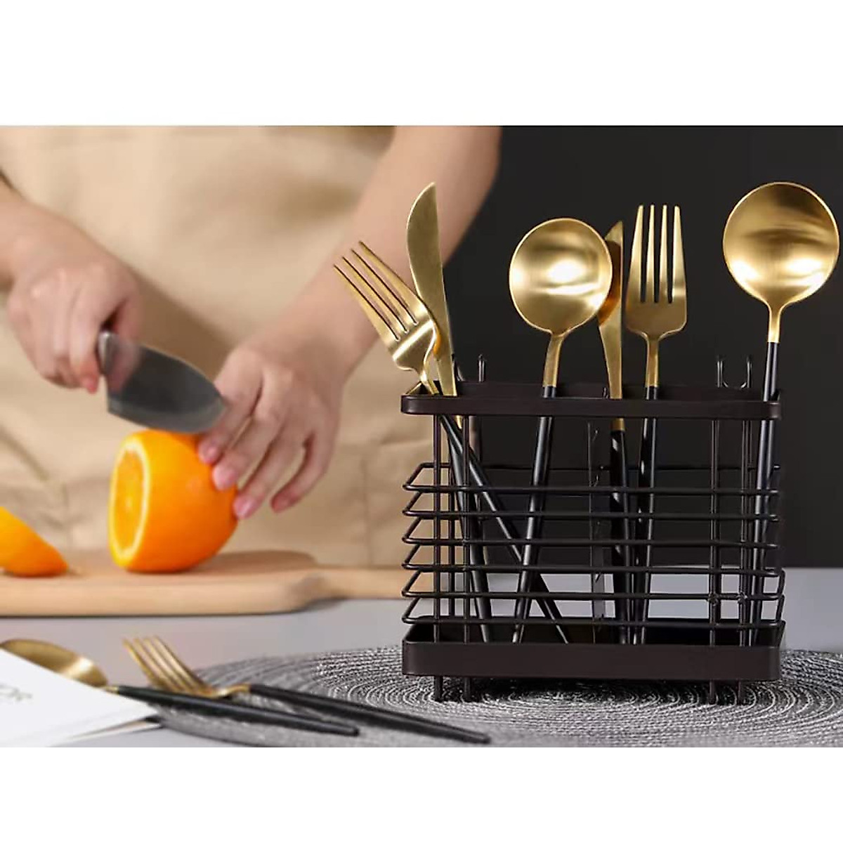 LLygezze Hanging Metal Mesh Utensil Drying Rack, 2 Compartments Draining Basket for Chopsticks Spoon Fork Knife Holder (Coffee)