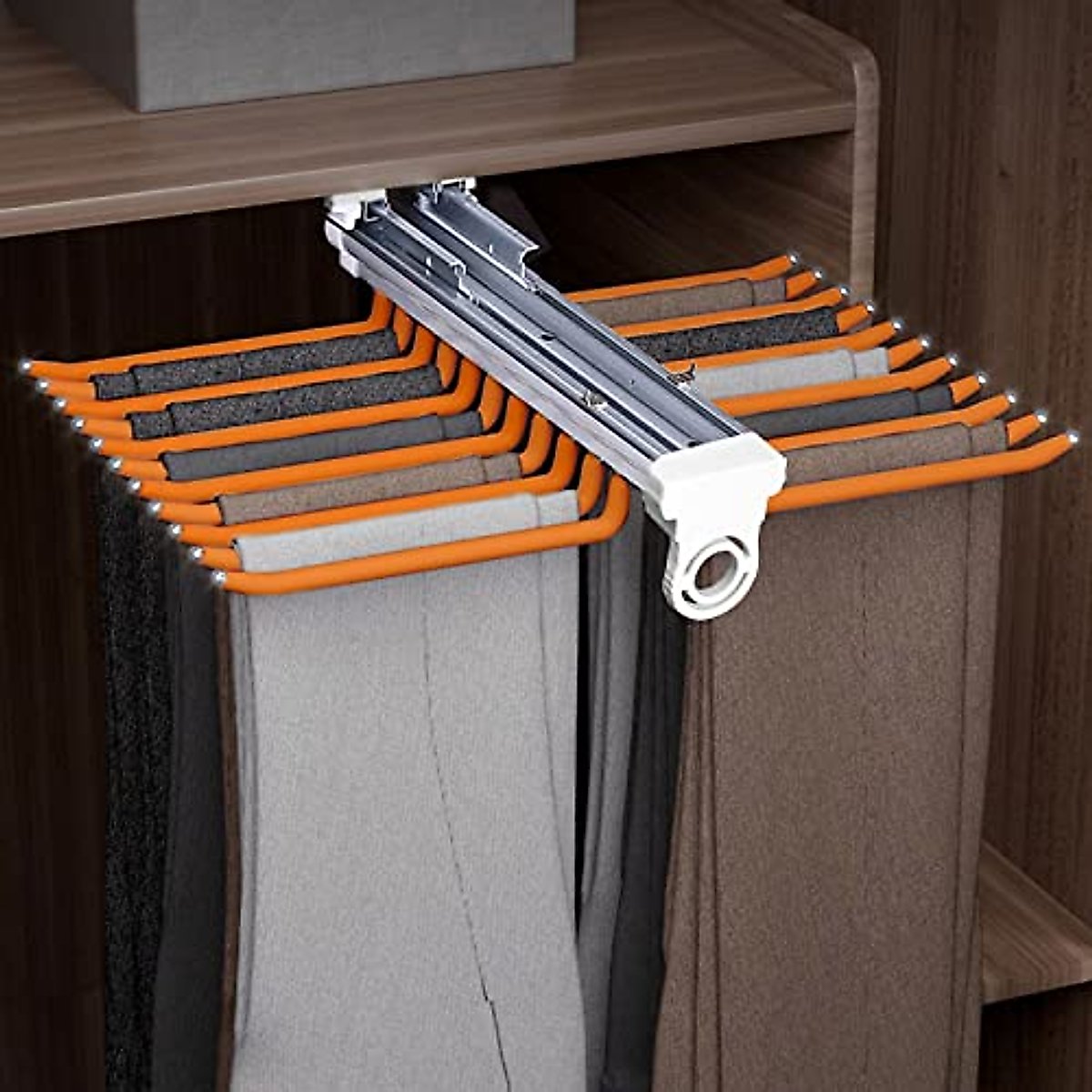 Pull Out Pants Rack for Closet 22 Arms, Pull Out Trousers Rack, 22.8”x18.1”x5.1”, Multi Functional Pull Out Pants Hanger Organizers, Dampening Buffer Sliding Rail, Maximum Load 33lbs, Orange