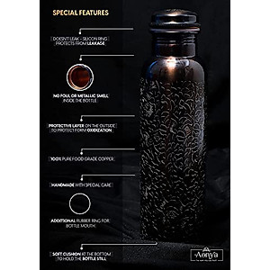 Aanya Pure Copper Water Bottle - 32 Oz Ayurvedic Copper Vessel with Engraved Design & Smooth Finish - Premium Copper Flask with Leak Proof Design & Silicone Ring Cap (Black & Brown Shade)
