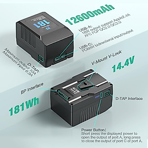 FirstPower V Mount/V-Lock Battery, 181Wh(12600mAh, 14.4V) V-Mount Battery Support PD 60W USB-C Fast Charger, with D-TAP, USB-A, USB-C Port, for Video Broadcast Camera Camcorder Monitor LED Light