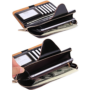 Borgasets RFID Blocking Large Capacity Wax Real Leather Clutch Wallet Card Holder Purse for Women, Black