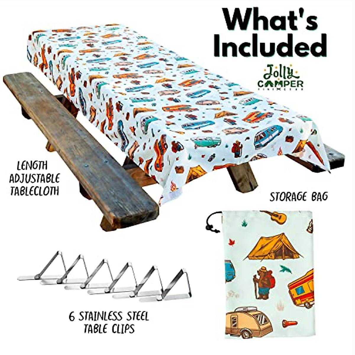 Jolly Camper Vintage Style Camping Tablecloth, Picnic Tablecloth, Fits 4ft to 8ft Picnic Tables, Polyester, Washable & Reusable, Spill & Stain Resistant, Water Repellent, Table Cloth for Picnic Table