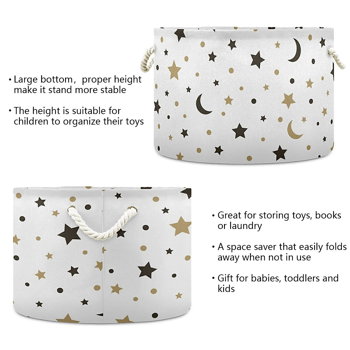 ALAZA Stars Moon Polka Dot Storage Basket Gift Baskets Large Collapsible Laundry Hamper with Handle, 20x20x14 in, Multi (B06D20005)