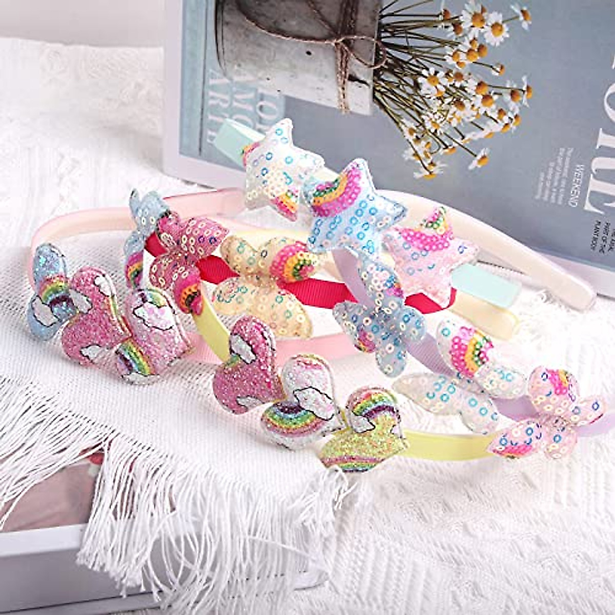 Fishdown Girls Glitter Headbands Toddler Sequin Head Bands with Teeth Non-slip Glitter Headband Hairband for Girls and Kids(6Pcs)