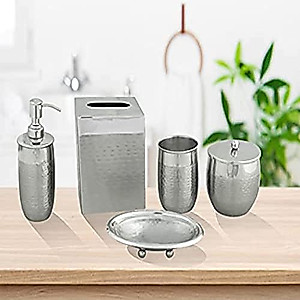 Bathroom Accessories - Set of 5 Includes Soap Lotion Dispenser, Soap Dish Tumbler, Cotton Jar, Tissue Box for Modern Farmhouse Bath Decor Kitchen Countertop Organizer Housewarming Gift - Silver