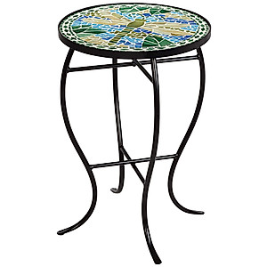 Teal Island Designs Dragonfly Modern Black Metal Round Outdoor Accent Side Table 14" Wide Blue Green Mosaic Tile Inlay Tabletop Gracefully Curved Legs for Spaces Porch Patio Home House Balcony Deck